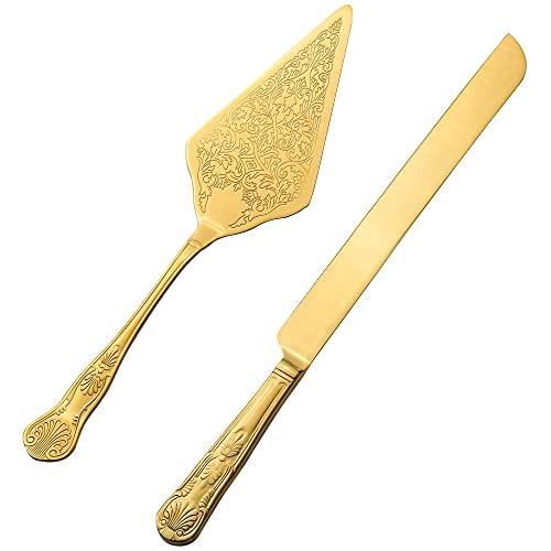 GURUDAR Vintage Wedding Cake Knife and Server Set, Stainless Steel Cake Pie Pastry Cutting Knife & Serving Spatula Set, Premium Party Supplies for Wedding, Birthday, Anniversary & Events, Gold