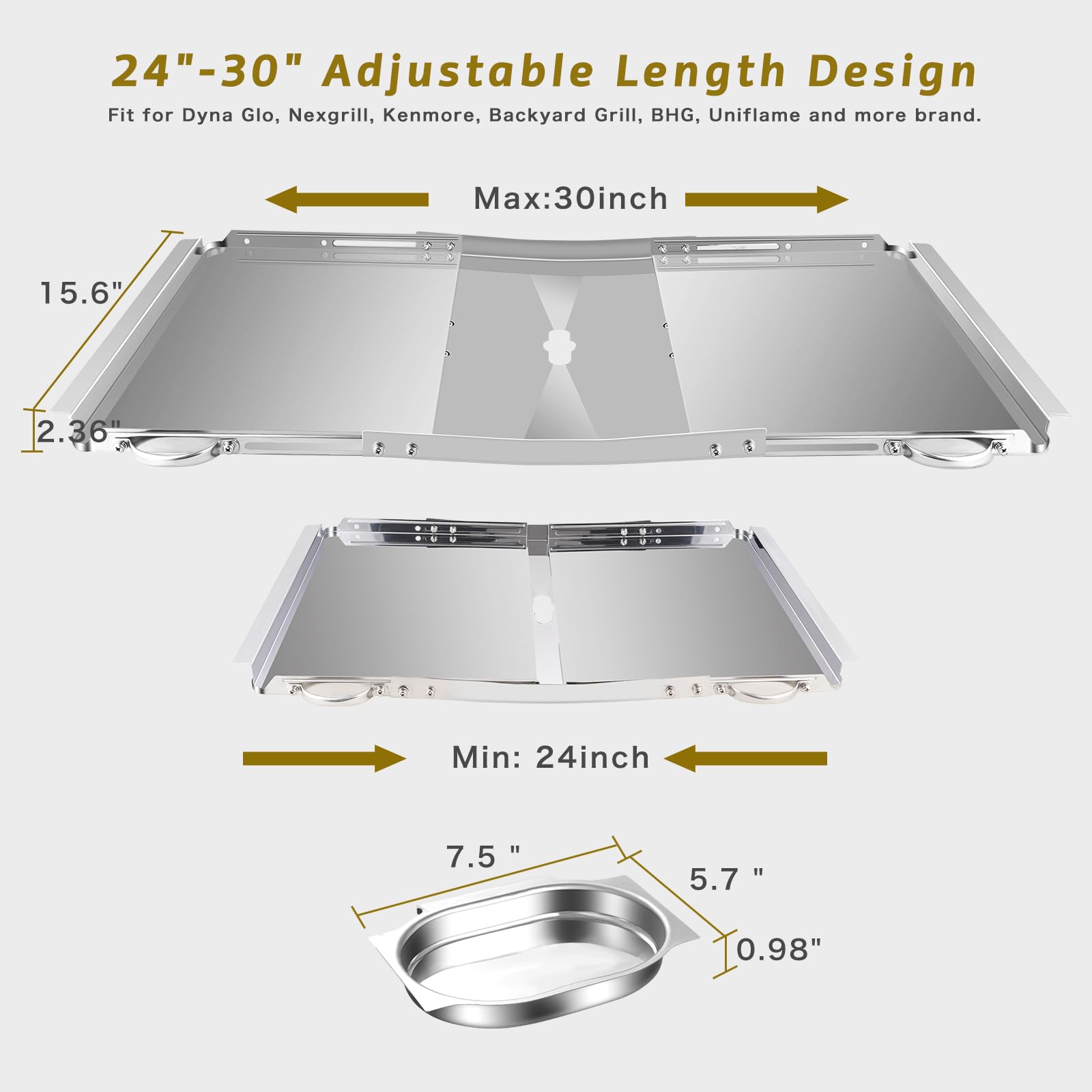 Tolia Grill Grease Tray with Drip Pan, 24" - 30" Adjustable Grease Catch Pan Stainless Steel Grill Replacement Parts Universal Drip Tray for Dyna Glo, Nexgrill, Kenmore, Expert Grill, BHG and More