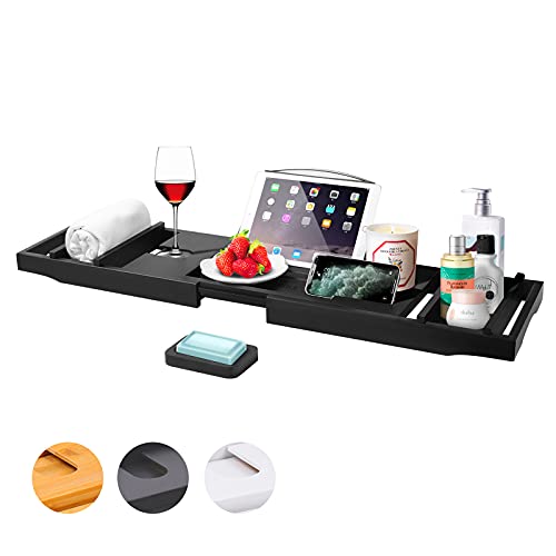 Luxury Bamboo Bathtub Caddy Tray, Yongsenina Premium 1 or 2 Person Bath Tray for Tub, Bath Tub Table with Wine Slots and Bath Book Holder Free Soap Dish - Black