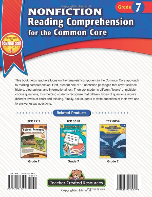 Teacher Created Resources Nonfiction Reading Comprehension for the Common Core Book, Grade 7
