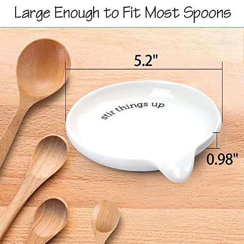 LotFancy Spoon Rest, Ceramic Spoon Holder for Kitchen Counter, Spatula Holder for Stove Top, Large Utensil Rest for Ladle, Teaspoon, 5.2Inch, White(Stir things up)