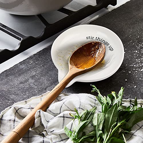 LotFancy Spoon Rest, Ceramic Spoon Holder for Kitchen Counter, Spatula Holder for Stove Top, Large Utensil Rest for Ladle, Teaspoon, 5.2Inch, White(Stir things up)