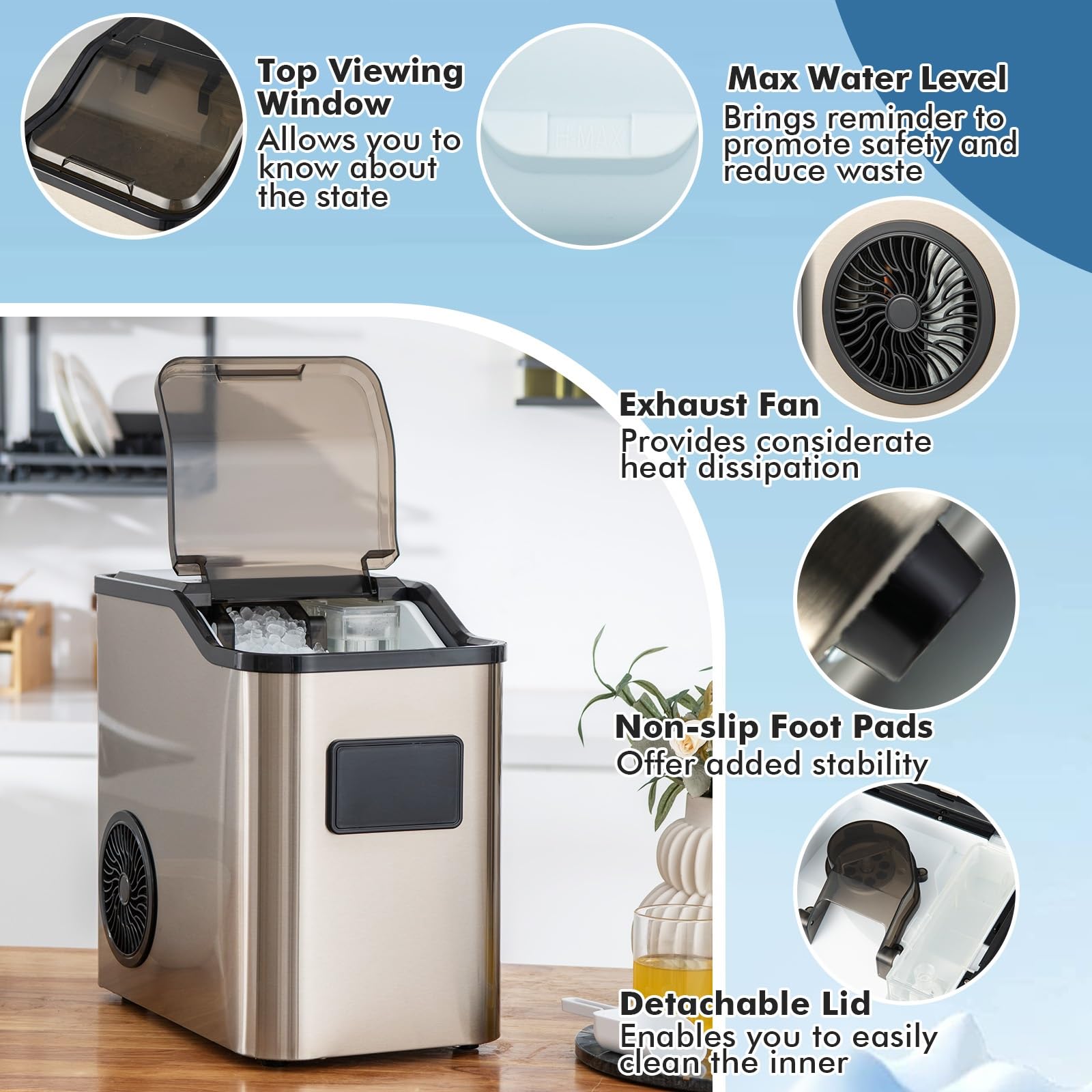 DORTALA Nugget Ice Maker Portable Ice Maker Countertop w/Self-Cleaning, 2 Ways Water Refill, 12H Appointment Function, 60 Lbs/24H, Stainless Steel Ice Machine for Home, Party, Bar, Office