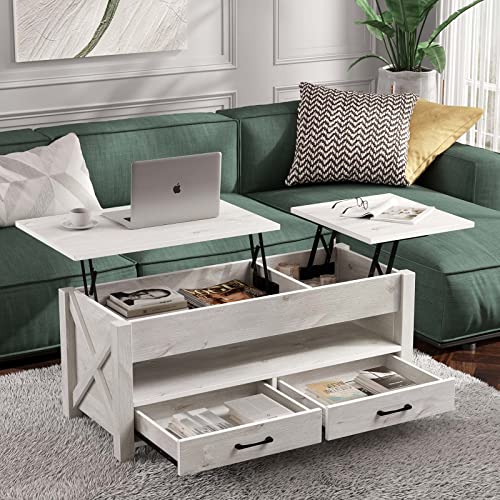 Seventable Coffee Table, 47.2" Lift Top Coffee Table with 2 Storage Drawers and Hidden Compartment, X Wood Farmhouse Support, Retro Center Table with Wooden Lift Tabletop, for Living Room,Gray