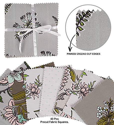 Soimoi Florals Print Precut 5-inch Cotton Fabric Quilting Squares Charm Pack DIY Patchwork Sewing Craft- Light Gray