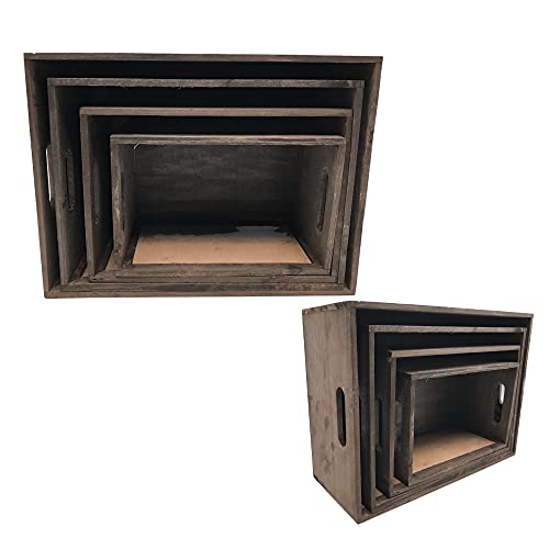 oojami Set of 4 Rustic Brown Wood Nesting Storage Crates | Chalkboard Front Panel | Cutout handles | Ideal for Storage, Decoration, Party , Kitchen, Office and More