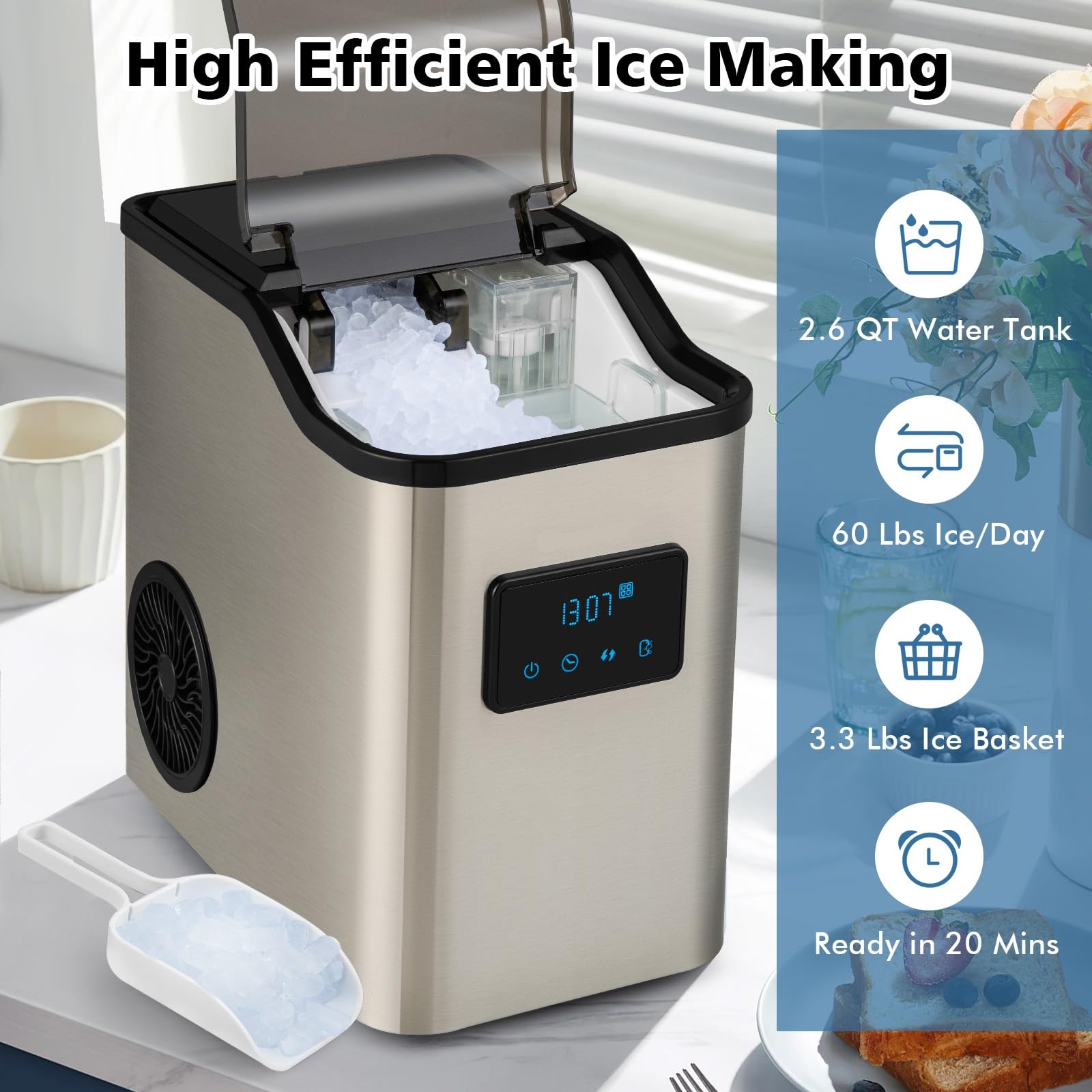 DORTALA Nugget Ice Maker Portable Ice Maker Countertop w/Self-Cleaning, 2 Ways Water Refill, 12H Appointment Function, 60 Lbs/24H, Stainless Steel Ice Machine for Home, Party, Bar, Office