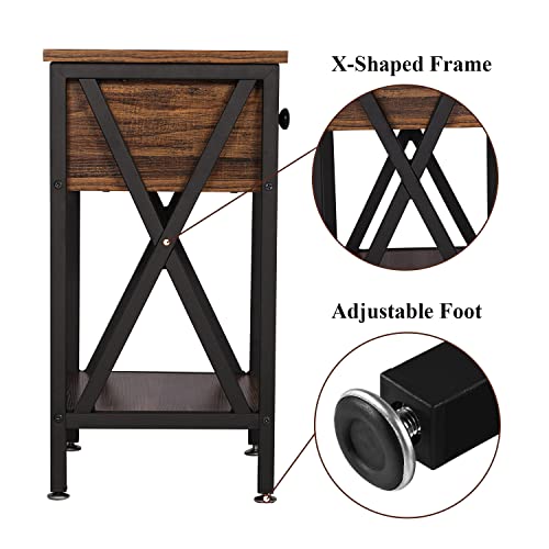 VECELO Nightstands Set of 2, Modern Bedside End Tables, Night Stands with Drawer and Storage Shelf for Living Room Bedroom, Industrial Metal Frame, Brown