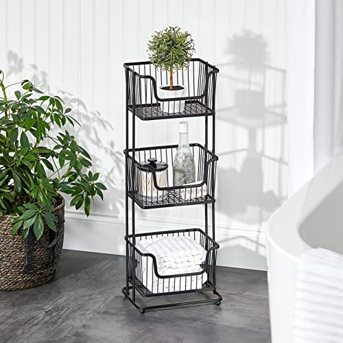 mDesign Tall 3 Basket Tiered Bathroom Holder, Metal Wire Floor Stand Storage Layered Rack with Three Tier Storage Shelving Bathroom Organizer Bins for Bath Towels, Hand Soap, and Toiletries - Black