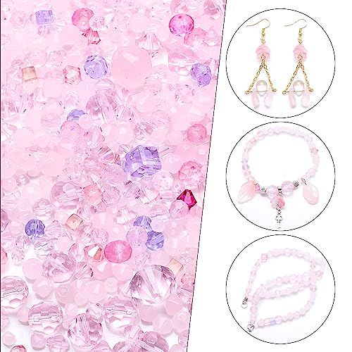 YUANZHIRUN Assorted Glass Beads for Jewelry Making, Half Pound Crystal Beads Bracelet Making Kit, Including Over 10 Shaped Glass Beads, Bicone Crystal Beads for DIY Crafts Necklaces (Pink Series)