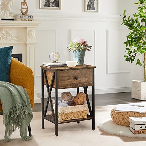VECELO Nightstands Set of 2, Modern Bedside End Tables, Night Stands with Drawer and Storage Shelf for Living Room Bedroom, Industrial Metal Frame, Brown