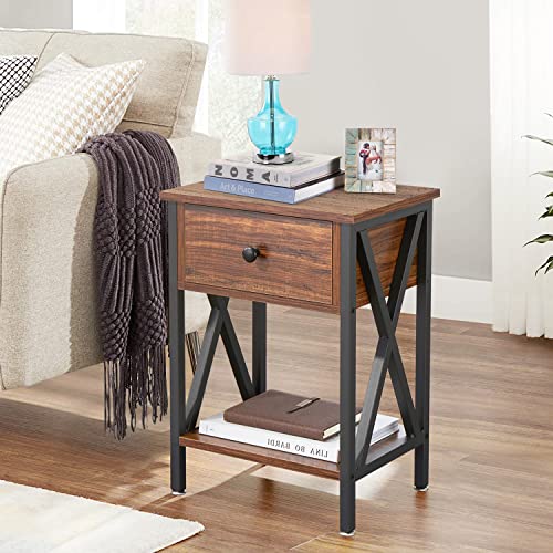 VECELO Nightstands Set of 2, Modern Bedside End Tables, Night Stands with Drawer and Storage Shelf for Living Room Bedroom, Industrial Metal Frame, Brown