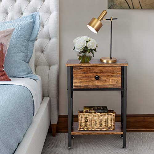 VECELO Nightstands Set of 2, Modern Bedside End Tables, Night Stands with Drawer and Storage Shelf for Living Room Bedroom, Industrial Metal Frame, Brown