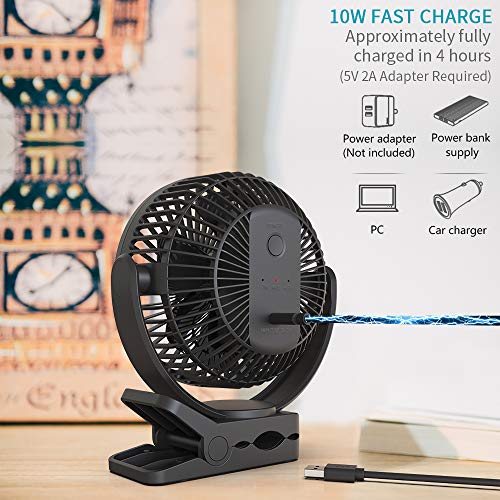xasla 5000mAh Rechargeable Battery Operated Clip on Fan , Quiet & Strong Airflow, USB Desk Fan, Strong Hold Personal Portable Fan for Stroller, Golf Cart, Treadmill, Beach, Camping tent, Black