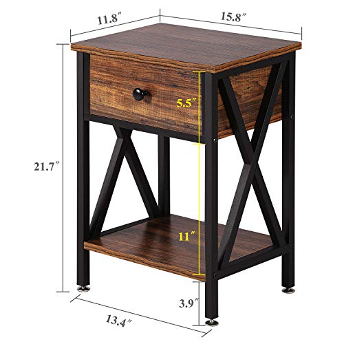 VECELO Nightstands Set of 2, Modern Bedside End Tables, Night Stands with Drawer and Storage Shelf for Living Room Bedroom, Industrial Metal Frame, Brown