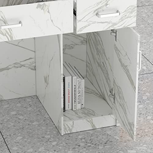 Homsee Modern Reception Desk with 3 Drawers, 1 Door Storage Cabinet & Hutch Shelf, Office Wooden Computer Desk, Writing Study Table PC Laptop Desk, White Marble (47.3" L x 18.3" W x 43.3" H)