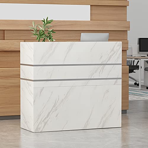 Homsee Modern Reception Desk with 3 Drawers, 1 Door Storage Cabinet & Hutch Shelf, Office Wooden Computer Desk, Writing Study Table PC Laptop Desk, White Marble (47.3" L x 18.3" W x 43.3" H)