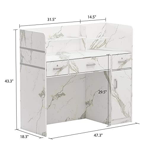 Homsee Modern Reception Desk with 3 Drawers, 1 Door Storage Cabinet & Hutch Shelf, Office Wooden Computer Desk, Writing Study Table PC Laptop Desk, White Marble (47.3" L x 18.3" W x 43.3" H)
