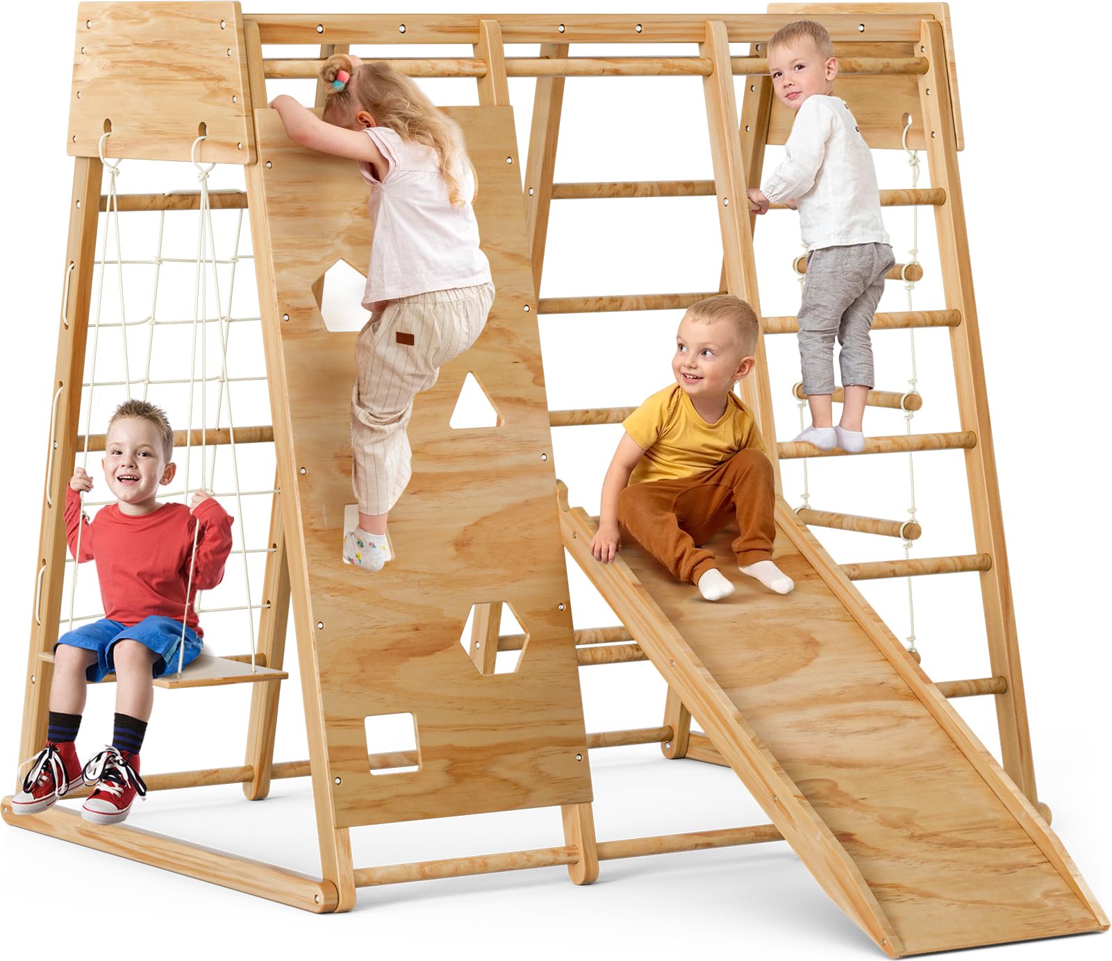 Amictoy Indoor Jungle Gym for Kids 2-10yrs, 2024 Upgraded 8-in-1 Climbing Toy for Toddlers with Slide, Swing and Climbing Rock, Montessori Indoor Playground, Climber Playset for Kids