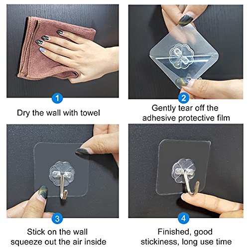 Wall Hooks 22lb(MAX) Heavy Duty Self Adhesive Hooks,Waterproof and Oilproof,Transparent Reusable Seamless Hooks Strong,Suitable for Bathroom Kitchen,20 Pack