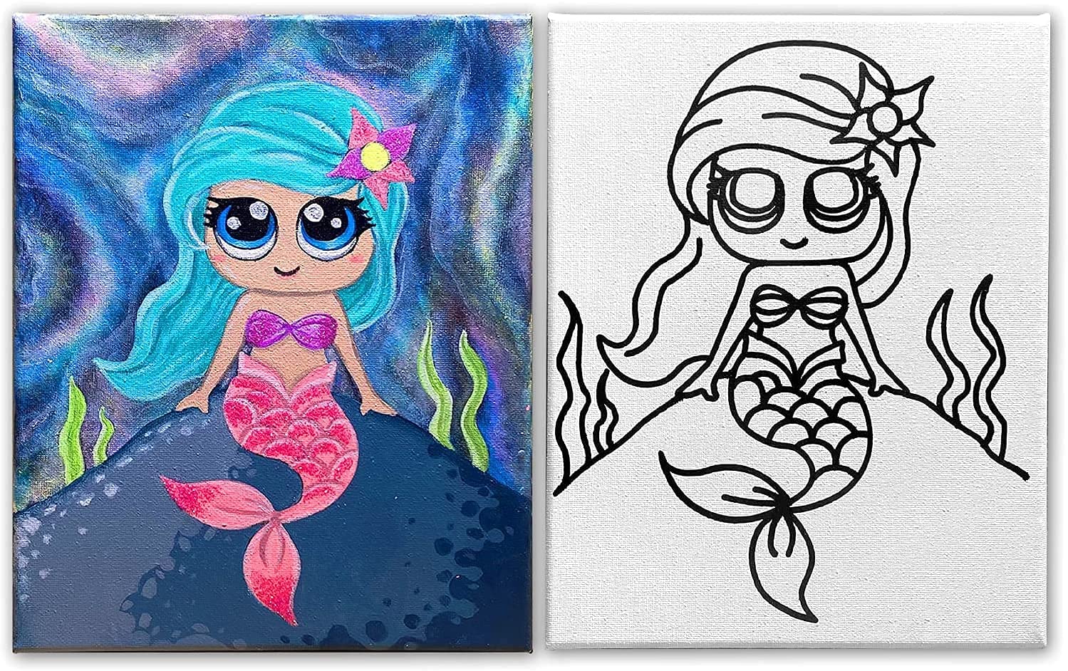 INDIGO ART STUDIO 8" by 10" Pre Drawn Canvas 12 Acrylic HIGH Quality Colors 2 Paint Brushes Smock Painting for Kids | 4-40 PACK Discounted Bundle | Mermaid Under Water Magic Coloring (8x10 Inches)