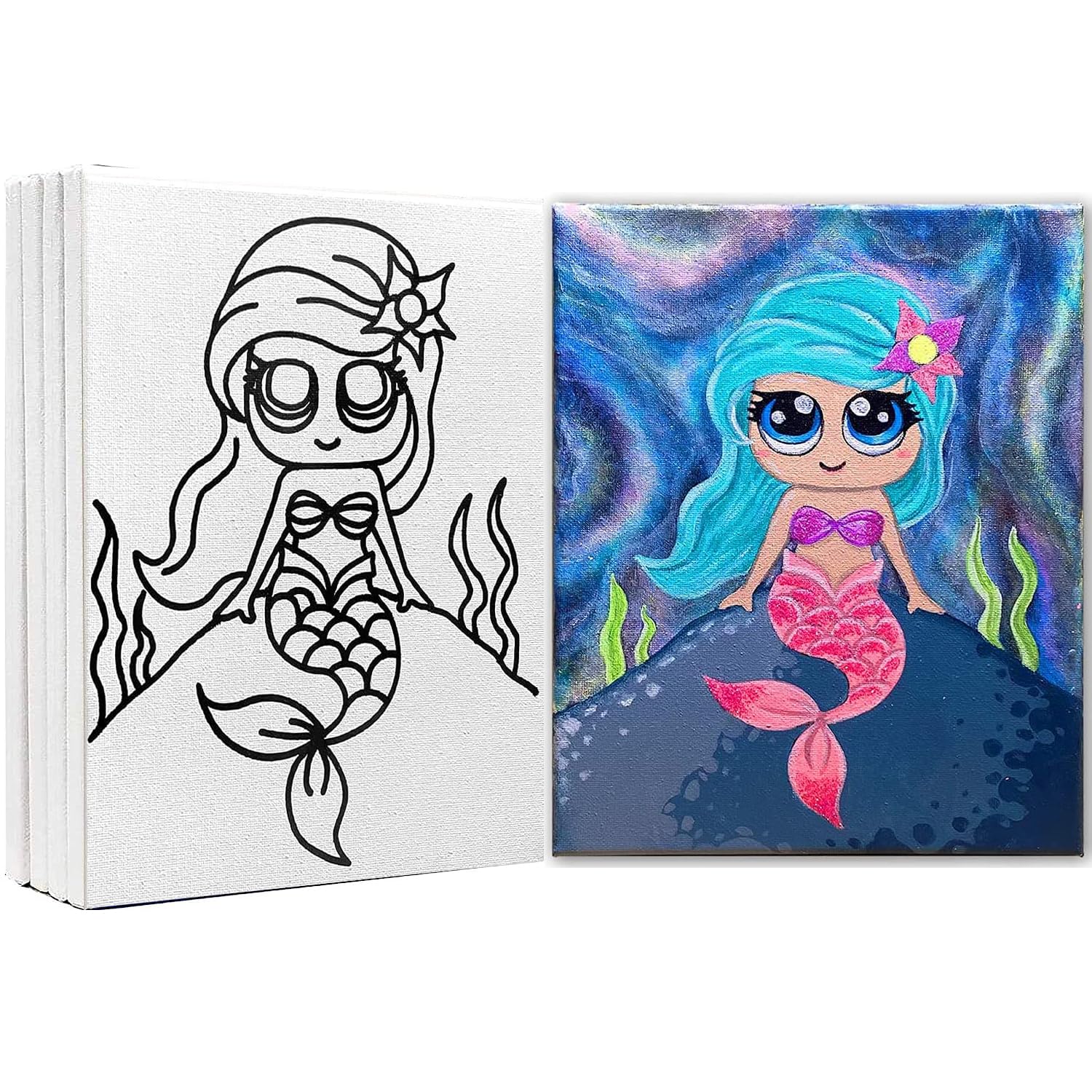 INDIGO ART STUDIO 8" by 10" Pre Drawn Canvas 12 Acrylic HIGH Quality Colors 2 Paint Brushes Smock Painting for Kids | 4-40 PACK Discounted Bundle | Mermaid Under Water Magic Coloring (8x10 Inches)