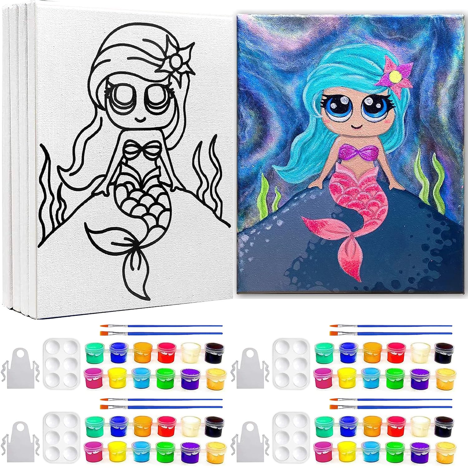 INDIGO ART STUDIO 8" by 10" Pre Drawn Canvas 12 Acrylic HIGH Quality Colors 2 Paint Brushes Smock Painting for Kids | 4-40 PACK Discounted Bundle | Mermaid Under Water Magic Coloring (8x10 Inches)