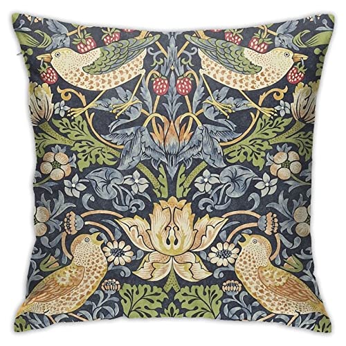 Nebra William Morris Strawberry Thief Original Throw Pillow Covers Cozy Square Throw Pillowcases Home Decor for Bed Couch Sofa Living Room Cushion Cover 18"X18"