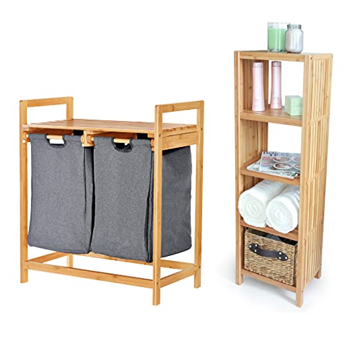 ToiletTree Products Bamboo Hamper with Dual Compartments and Deluxe Bamboo Freestanding Bathroom Organizing Shelf, 5-Tier Shelf Bundle