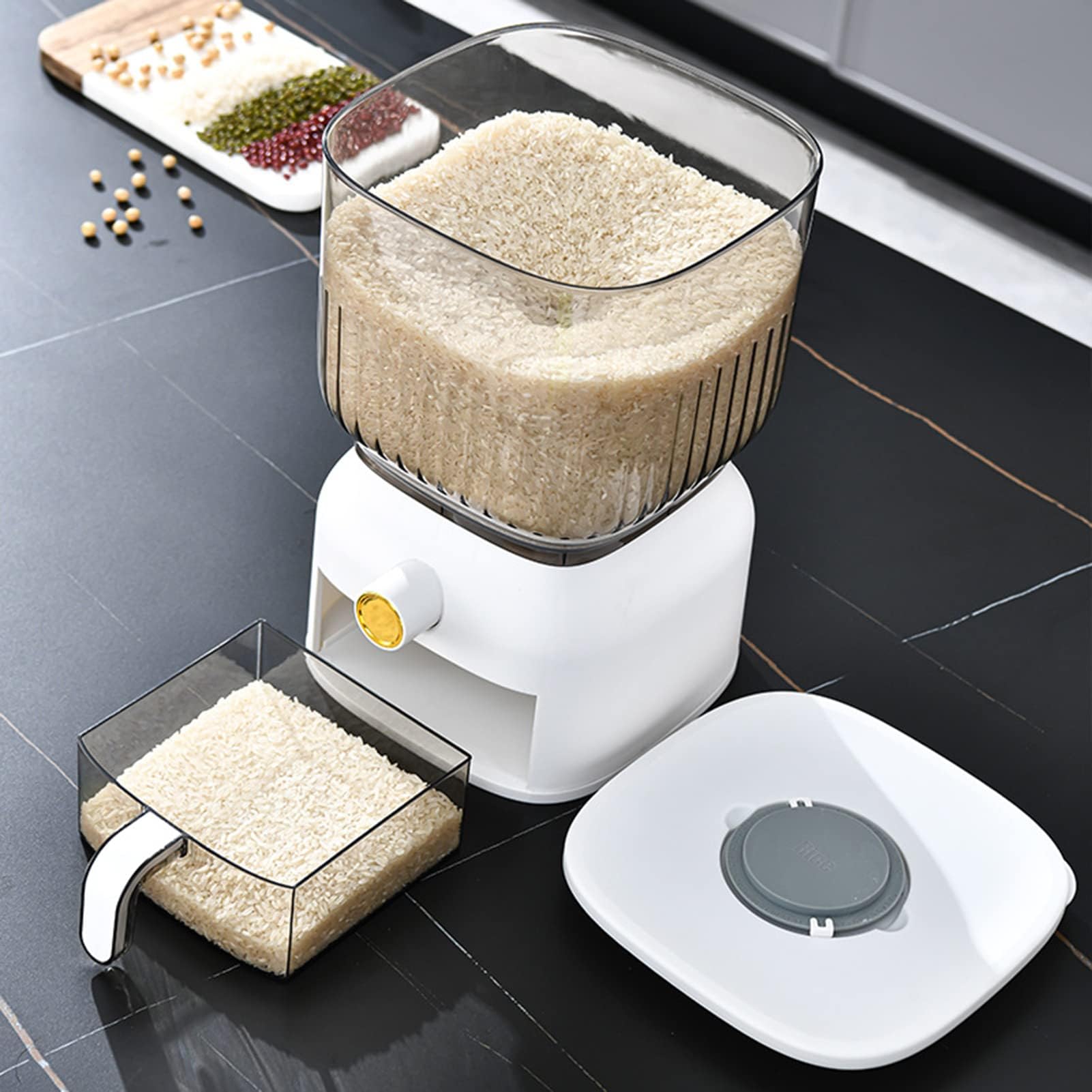 HOMHOLDON 10-15 Lbs Rice Dispenser,Large Grain Storage Container with Rice Cup Food Dispenser Kitchen Organizer for Rice,Beans,Grains,Cereal Dry Food,Small Pantry Food (Square)