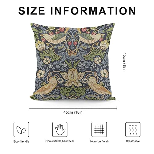 Nebra William Morris Strawberry Thief Original Throw Pillow Covers Cozy Square Throw Pillowcases Home Decor for Bed Couch Sofa Living Room Cushion Cover 18"X18"