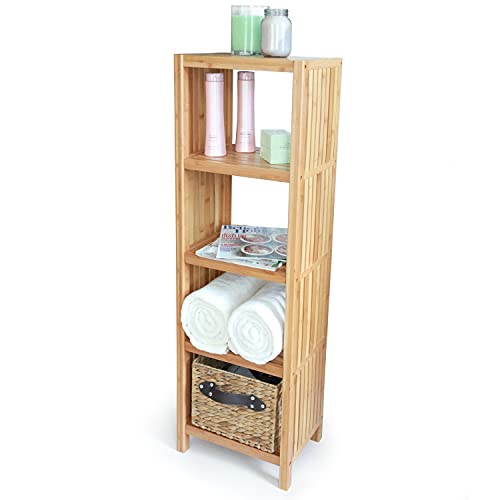 ToiletTree Products Bamboo Hamper with Dual Compartments and Deluxe Bamboo Freestanding Bathroom Organizing Shelf, 5-Tier Shelf Bundle
