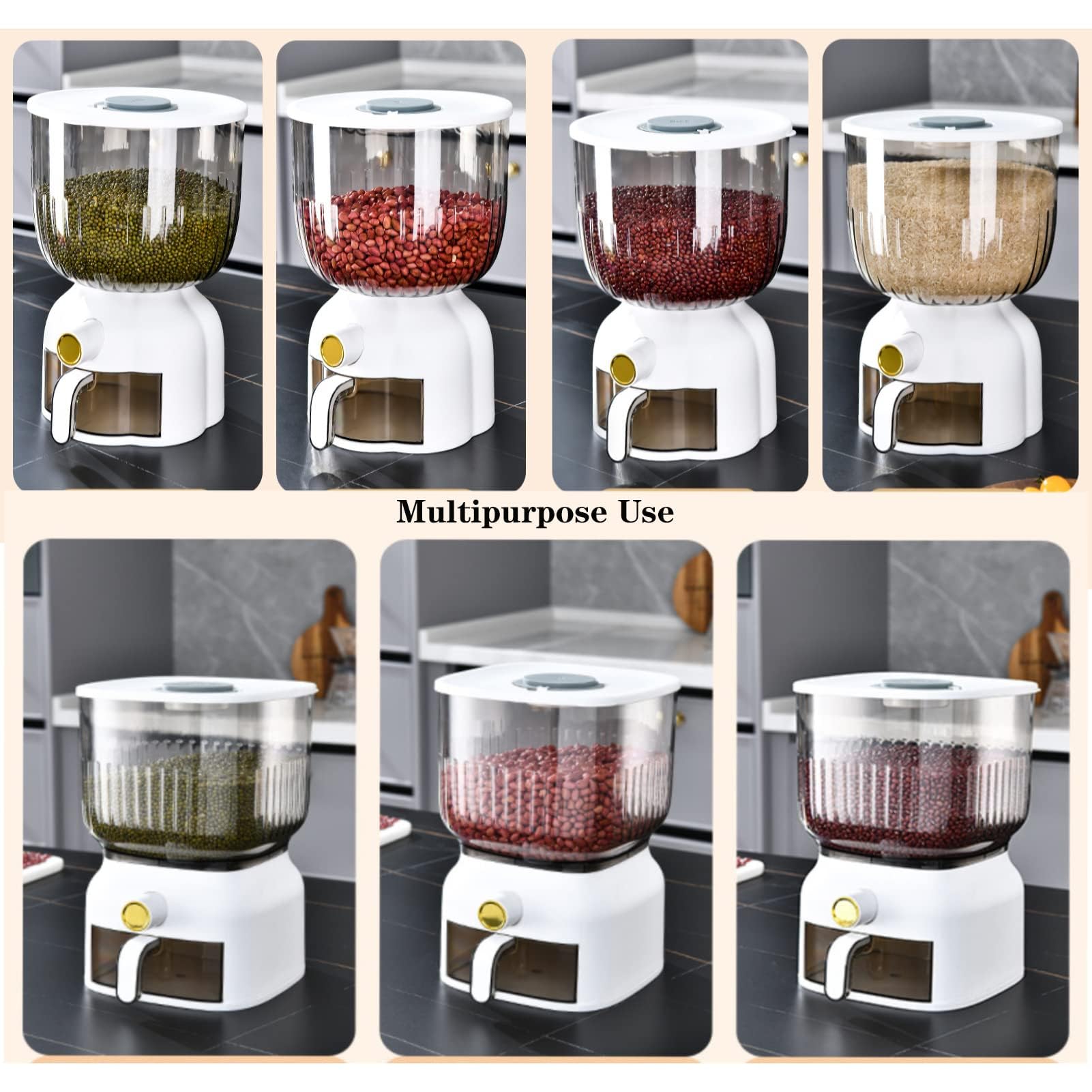 HOMHOLDON 10-15 Lbs Rice Dispenser,Large Grain Storage Container with Rice Cup Food Dispenser Kitchen Organizer for Rice,Beans,Grains,Cereal Dry Food,Small Pantry Food (Square)