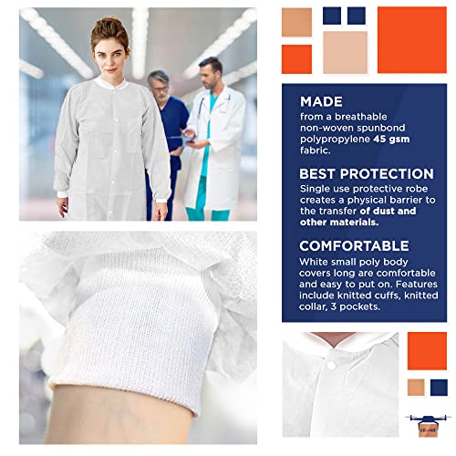 EZGOODZ White Disposable Lab Coat Small, Pack of 10 Unisex Disposable Lab Coats for Adults, SPP 45 GSM Painting Lab Coat Disposable, Plastic Lab Coats with Snaps Front, Knit Cuffs, Collar, 3 Pockets