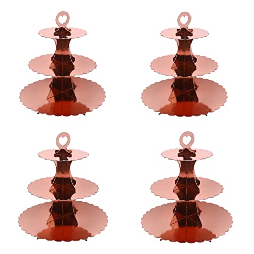 4 PCS Cardboard Cupcake Stand 3- Tier Dessert Stand, Rose Gold Party Supplies, Birthday Party Wedding Anniversary