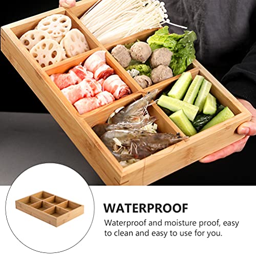 Cabilock Divided Bamboo Tray with 6 Dining Grids Food Serving Plate Fruit Box Dish Vegetable Containers Dessert Storage Bin Organizing for Home Restaurant Hotel