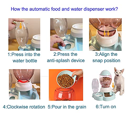 KTWEGOFU Automatic Cat Feeder and Water Dispenser,Auto Gravity Food Feeder & Non Spill Water Dispenser 2 in 1, Durable Plastic Pet Food Bowl for Small Medium Cats and Dogs (Blue)