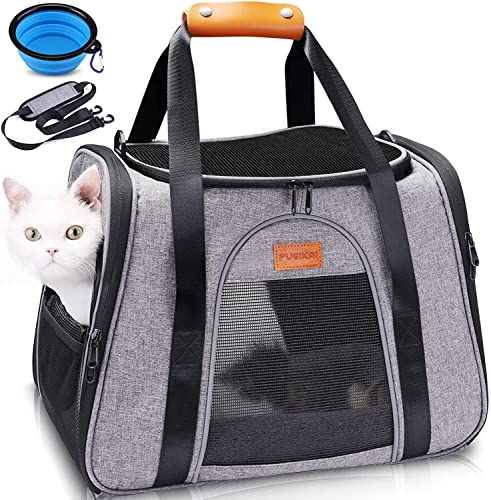 Cat Carrier, Pet Carrier Airline Approved, Dog Carrier Bag for Small Dogs and Cats, Foldable Pet Travel Carrier with Shoulder Strap, Soft Removable Mat and Pet Bowl