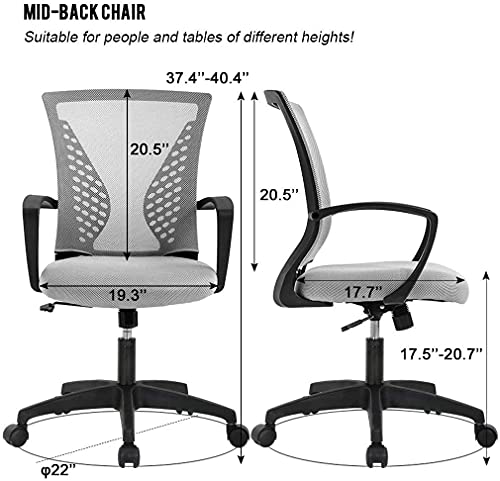 Ergonomic Adjustable Office Chair Desk Chair Mesh Computer Chair Swivel Mesh Chair Mid Back with Lumbar Support&Armrests,Executive Task Chair Rolling Swivel Chair for Work Gaming Home(Grey)