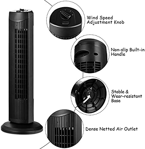 FANTASK Tower Fan, 28 Inch Quiet Oscillating Fan , 3 Wind Speeds & Modes, Bladeless Standing Cooling Fan, Air Circulator Fan for Home Office Kitchen, Floor Fan for Bedroom Room (Black)