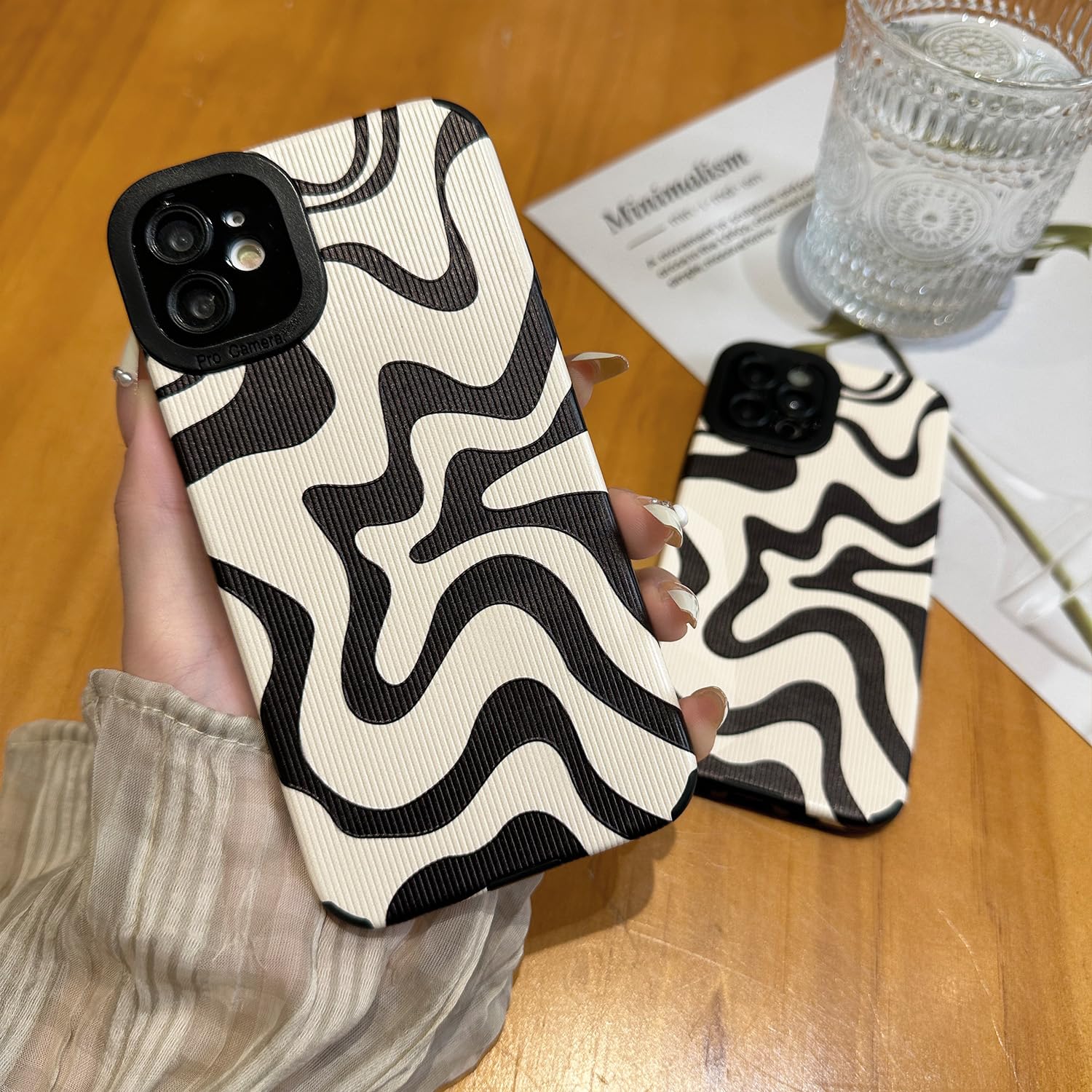 Sayoaho Designed for iPhone 14 Pro Max Phone Case, Soft PU Leather TPU and Cute Art Wavy Painted for Women Girls, Slim Protective Shockproof Compatible with iPhone Case (Beige, iPhone 14 Pro Max)