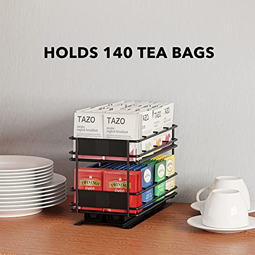 SpaceAid Pull Out Tea Bag Organizer Rack for Cabinet, Heavy Duty Slide Out Teabag Organizer for Kitchen Cabinets, with 70 Labels and Chalk Marker, 5.6"W x10.6"D x 6.6"H, 1 Drawer 2-Tier, Black