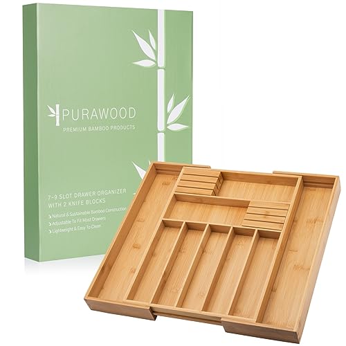 Bamboo Drawer Organizer with Knife Blocks - Silverware Organizer & Utensil Drawer Organizer, Cutlery Tray with Dividers, 7-9 Slots- Premium Kitchen Drawer Organizer for Utensils & Flatware (Natural)