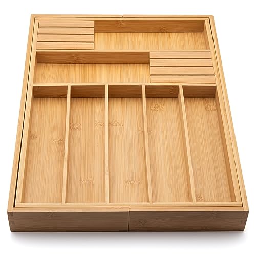 Bamboo Drawer Organizer with Knife Blocks - Silverware Organizer & Utensil Drawer Organizer, Cutlery Tray with Dividers, 7-9 Slots- Premium Kitchen Drawer Organizer for Utensils & Flatware (Natural)