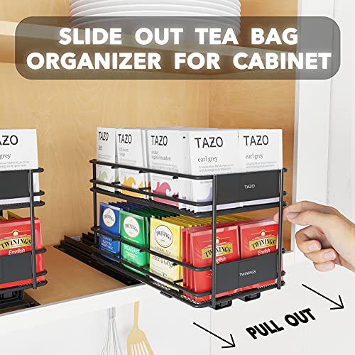 SpaceAid Pull Out Tea Bag Organizer Rack for Cabinet, Heavy Duty Slide Out Teabag Organizer for Kitchen Cabinets, with 70 Labels and Chalk Marker, 5.6"W x10.6"D x 6.6"H, 1 Drawer 2-Tier, Black
