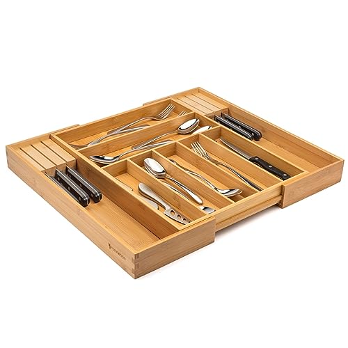 Bamboo Drawer Organizer with Knife Blocks - Silverware Organizer & Utensil Drawer Organizer, Cutlery Tray with Dividers, 7-9 Slots- Premium Kitchen Drawer Organizer for Utensils & Flatware (Natural)