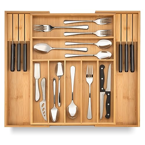 Bamboo Drawer Organizer with Knife Blocks - Silverware Organizer & Utensil Drawer Organizer, Cutlery Tray with Dividers, 7-9 Slots- Premium Kitchen Drawer Organizer for Utensils & Flatware (Natural)