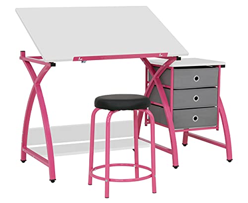 SD STUDIO DESIGNS 2 Piece Comet Center Plus, Craft Table and Matching Stool Set with Storage and Adjustable Top, 50" W x 23.75" D x 29.5" H, Pink/White