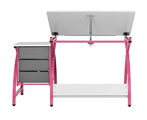 SD STUDIO DESIGNS 2 Piece Comet Center Plus, Craft Table and Matching Stool Set with Storage and Adjustable Top, 50" W x 23.75" D x 29.5" H, Pink/White