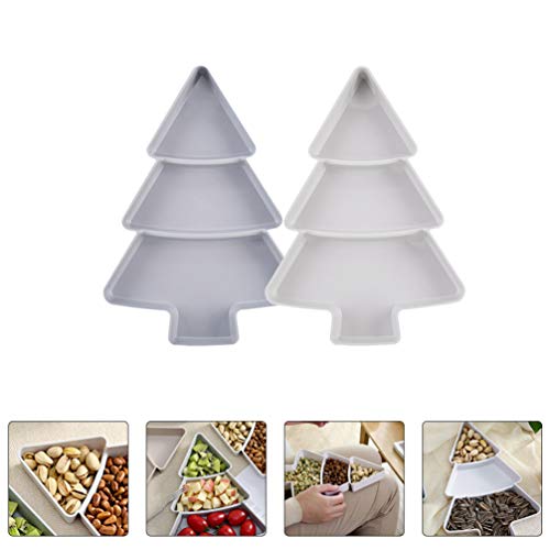 Angoily Christmas Plastic Serving Tray Platter - 2 Pcs Christmas Tree Shape White Plastic Divided Appetizer Serving Tray Candy Snack Salad Desserts Dried Fruit Nuts Plate for Home Office Party